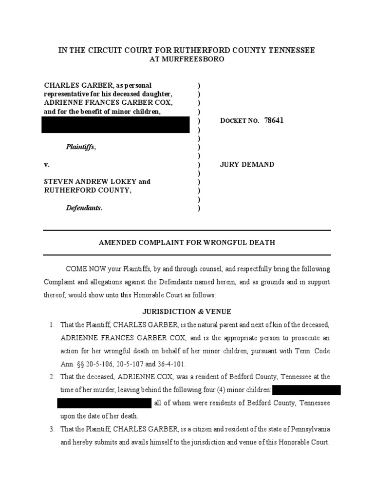 Complaint For Wrongful Death Filed Against Steven Lokey and Rutherford County | Download Free ...