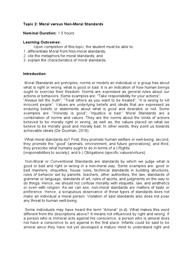 Topic 2 Moral Versus Non-Moral Standards | PDF | Morality | Value (Ethics)