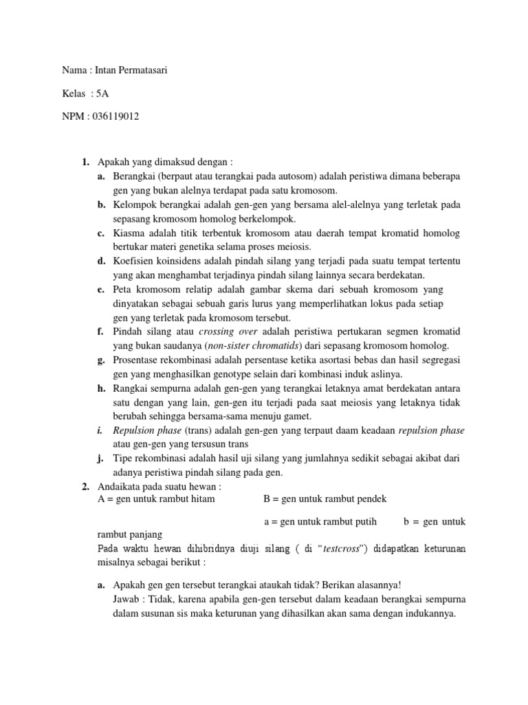 Tugas Genetika Linkage & Crossing Over Intan Permatasari 5A | PDF Tugas Genetika Linkage & Crossing Over Intan Permatasari 5A | PDF