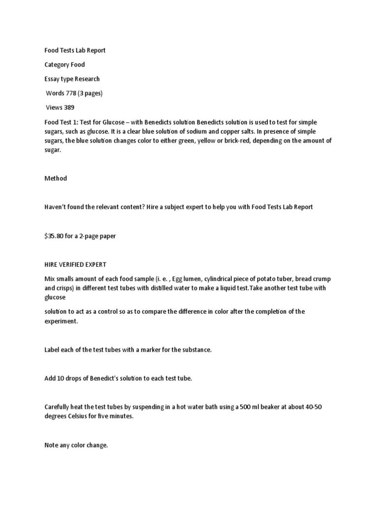Food Tests Lab Report | PDF | Starch | Solution