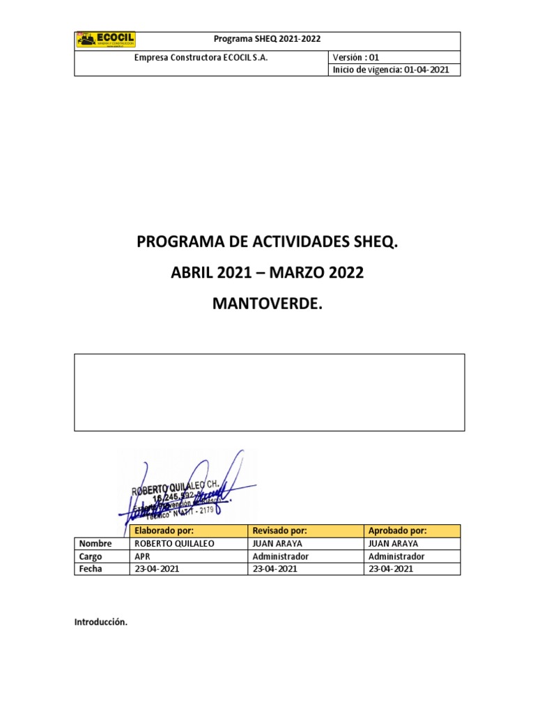 Programa de Actividades Sheq 2021-2022 | PDF | Seguridad y salud ocupacional | Auditoría