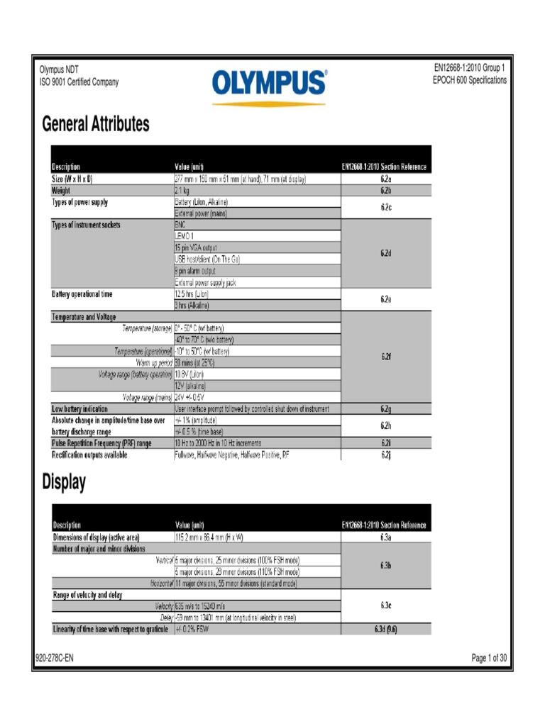 EPOCH 600 Specifications Guide | PDF | Nondestructive Testing | Iso 9000