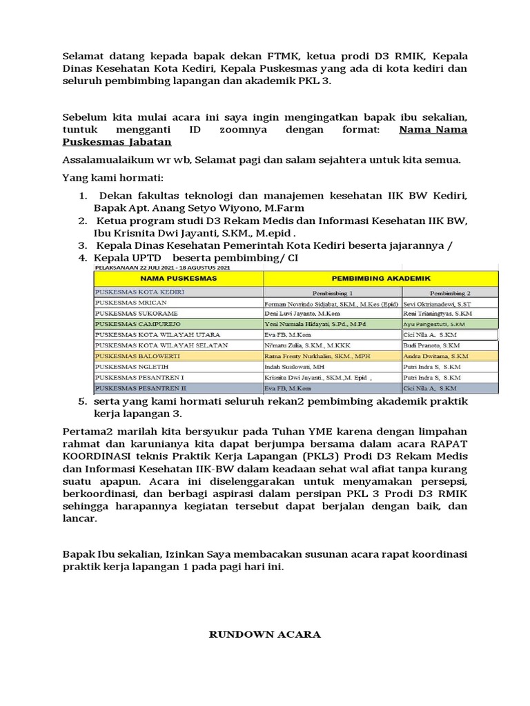 Teks MC Rapat Koordinasi PKL 3 Puskesmas 21 Juli 2021 | PDF