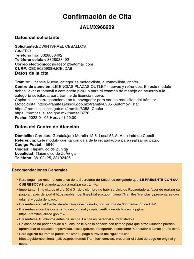 Confirmación De Cita Jalmx968929 Pdf