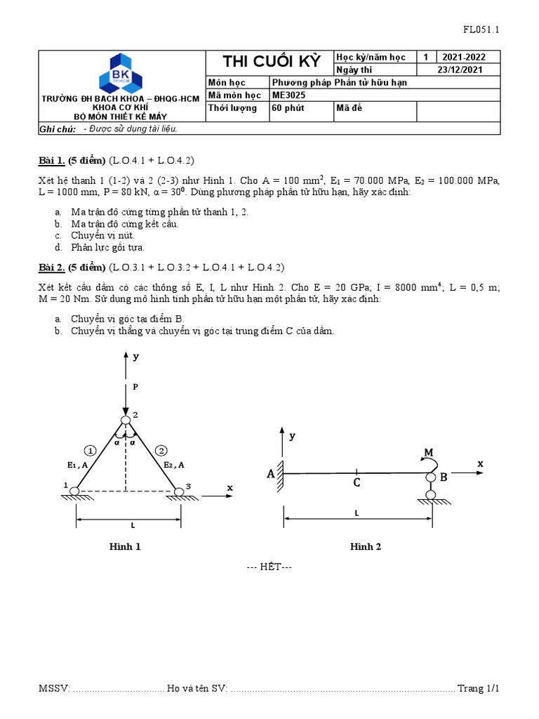 Đề thi PP PTHH HK211 | PDF