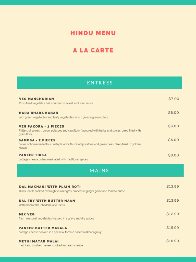 Hindu Menu A La Carte: Entrees | PDF | Hamburgers | Curry