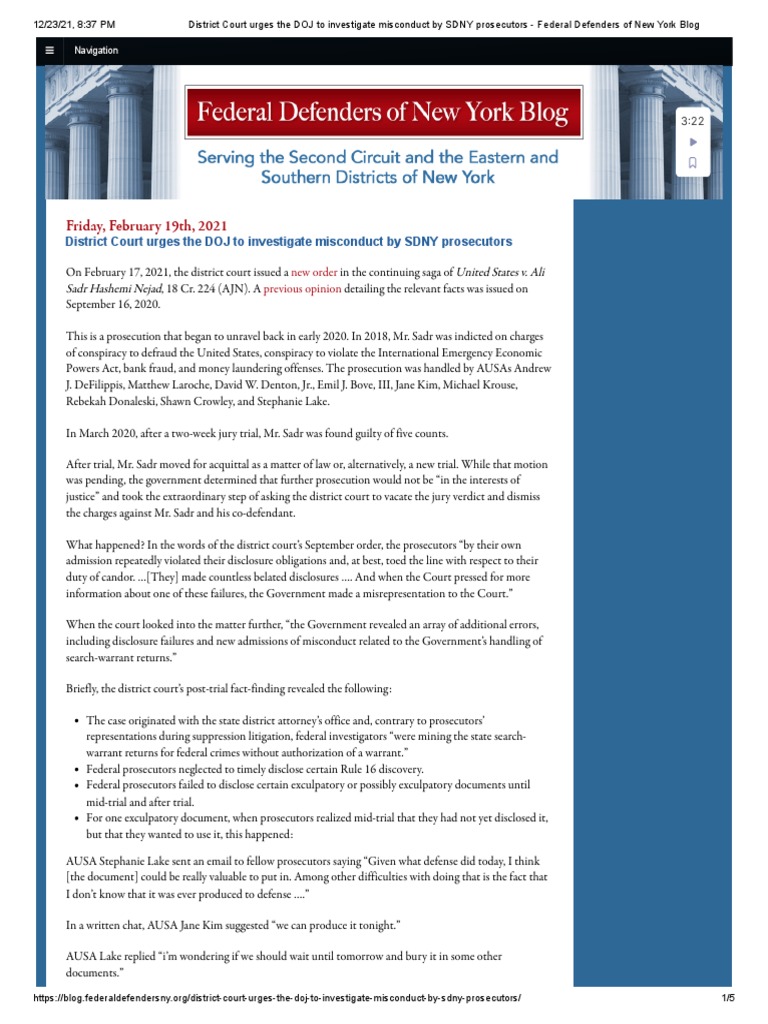 12.23.21 Re District Court Urges The DOJ To Investigate Misconduct by ...