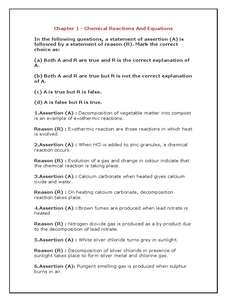 Cbse Class 10 Science Assertion - Reason Questions For Term 1 Exam ...