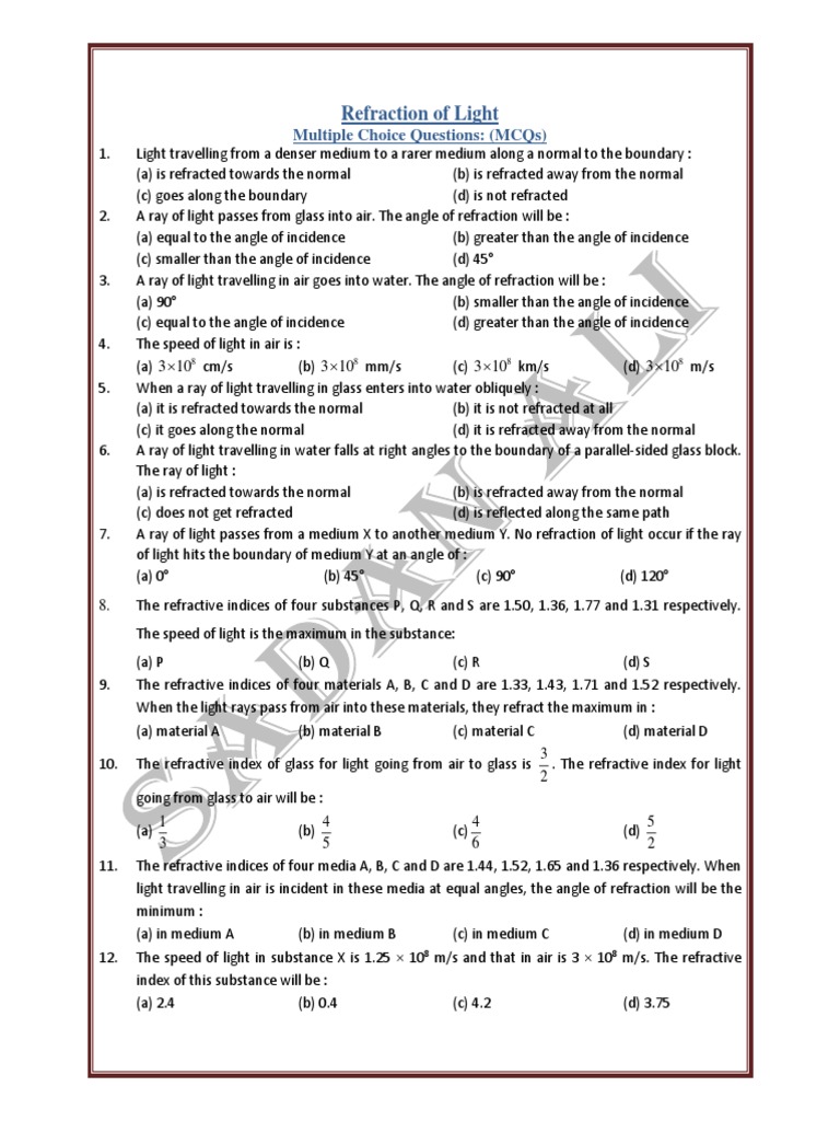 Multiple Choice Questions-1 | PDF | Refraction | Equipment