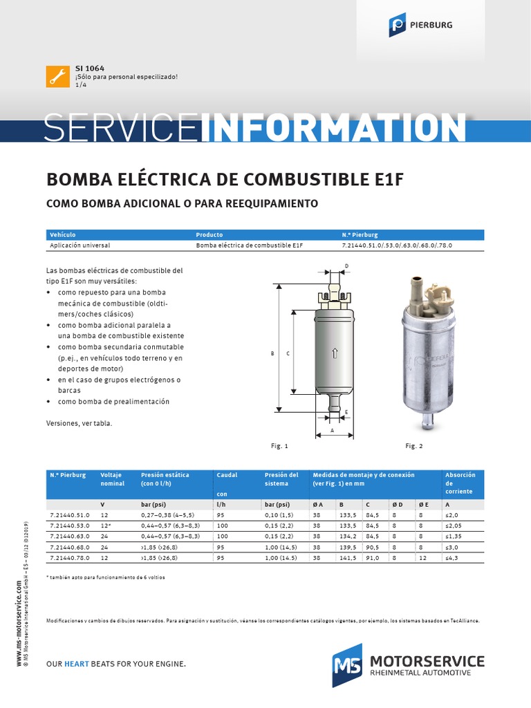 Bomba Eléctrica de Combustible E1F Como Bomba Adicional o para Reequipamiento - 54694 | PDF ...