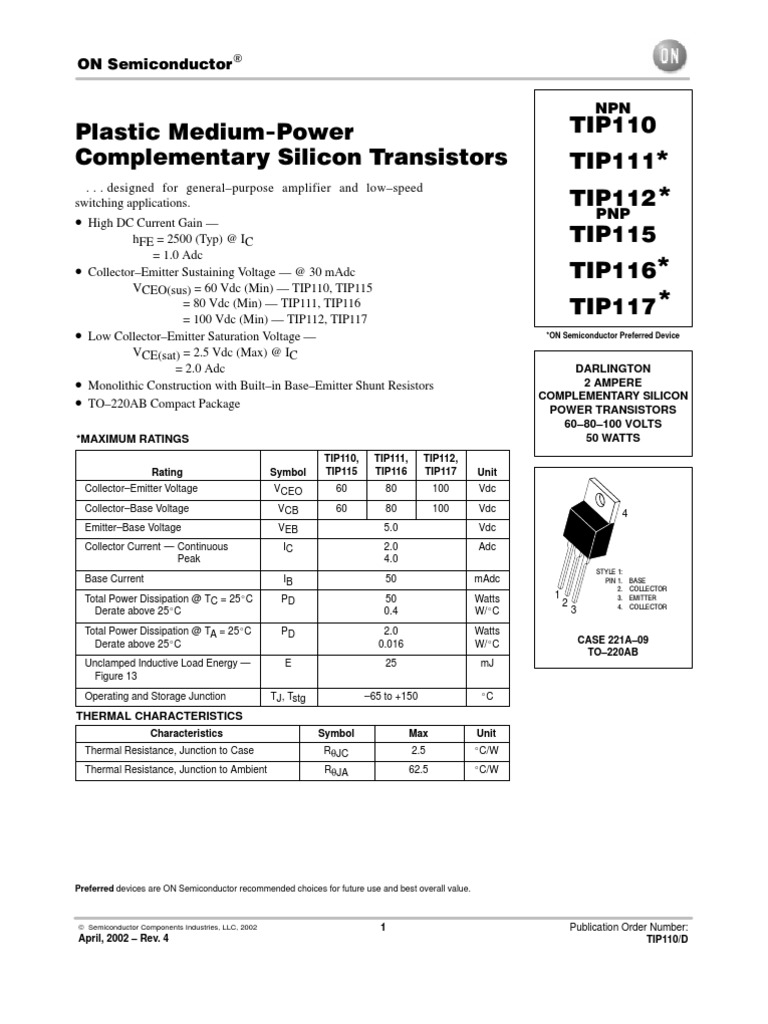 Plastic Medium-Power Complementary Silicon Transistors TIP110 TIP111 ...