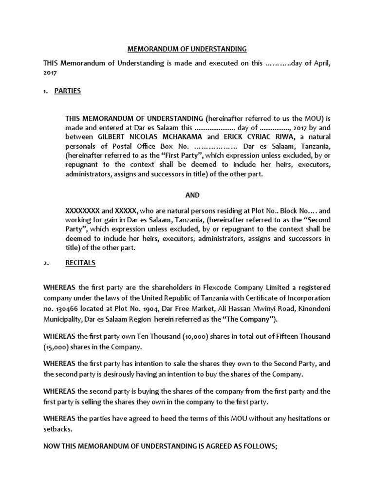 MOU for Sale of Shares in Tanzania | PDF | Payments | Banks