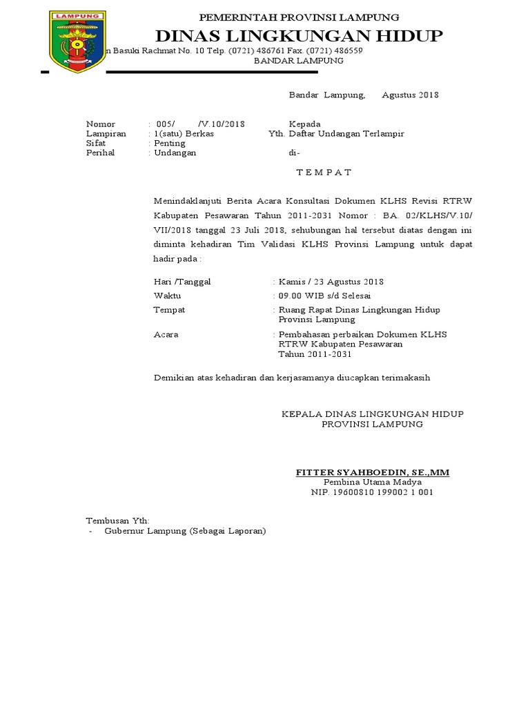 Surat Undangan Validasi KLHS RTRW Pesawaran 2 | PDF