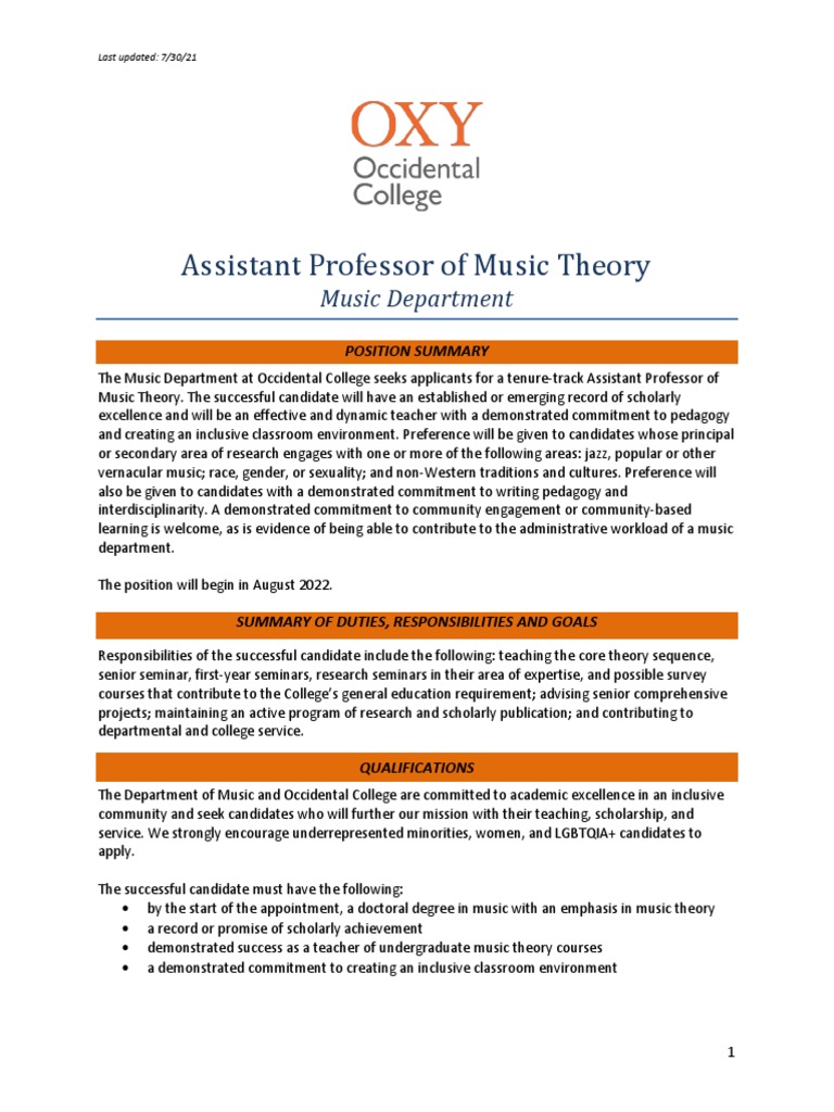 Assistant Professor of Music Theory | PDF | Professors In The United ...