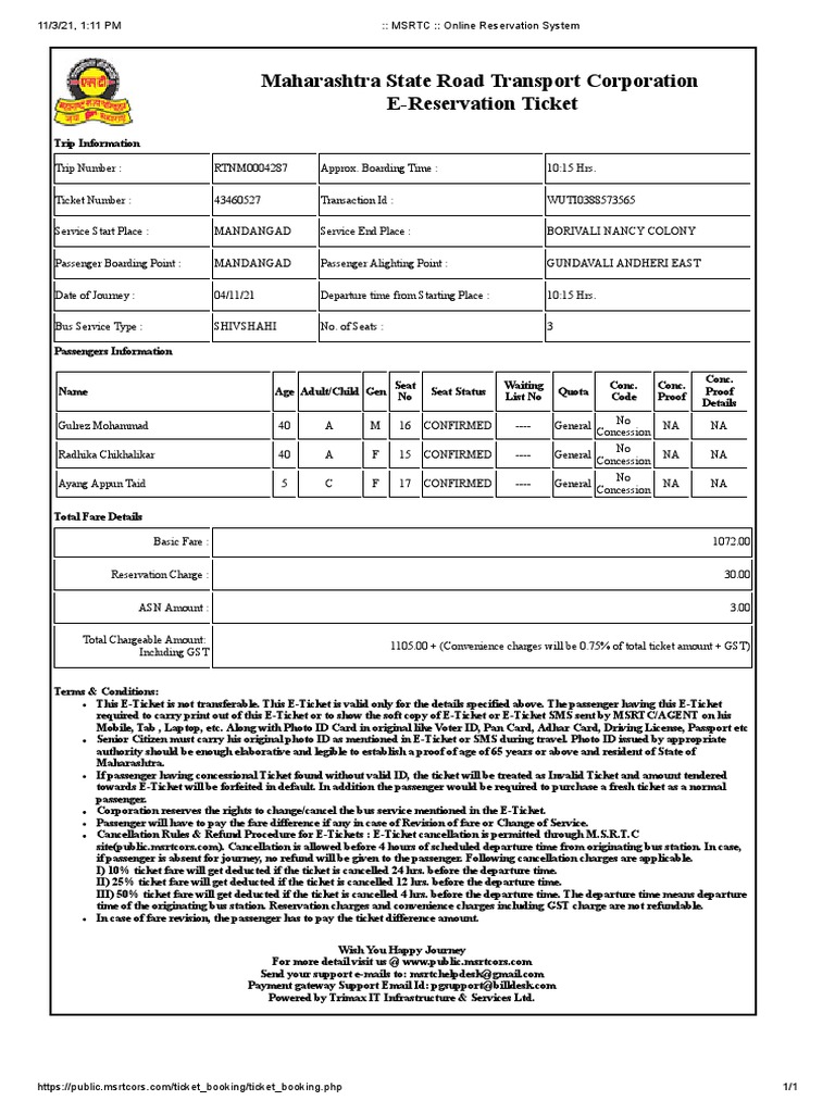 MSRTC E-Reservation Ticket Details | PDF | Fare | Transport