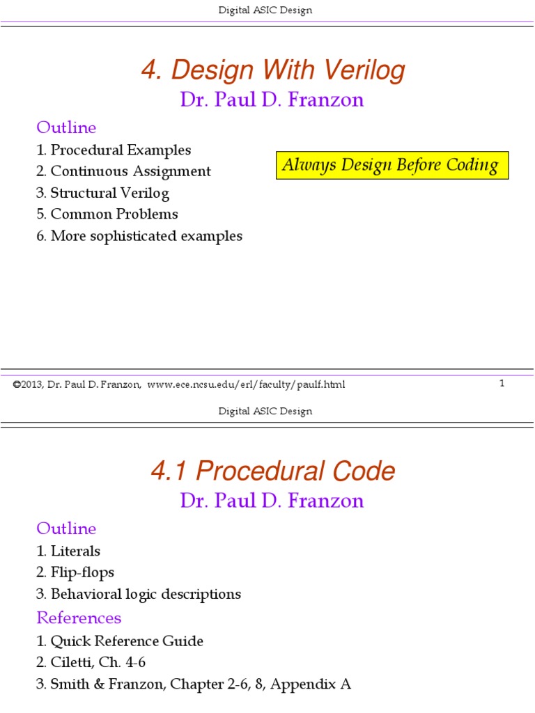 Design With Verilog: Dr. Paul D. Franzon | PDF | Logic Synthesis ...