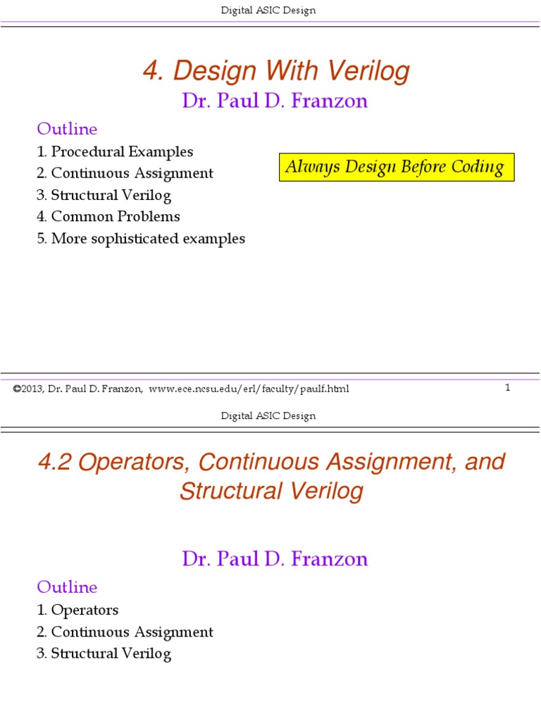 Design With Verilog: Dr. Paul D. Franzon | PDF | Logic Synthesis | Parameter (Computer Programming)