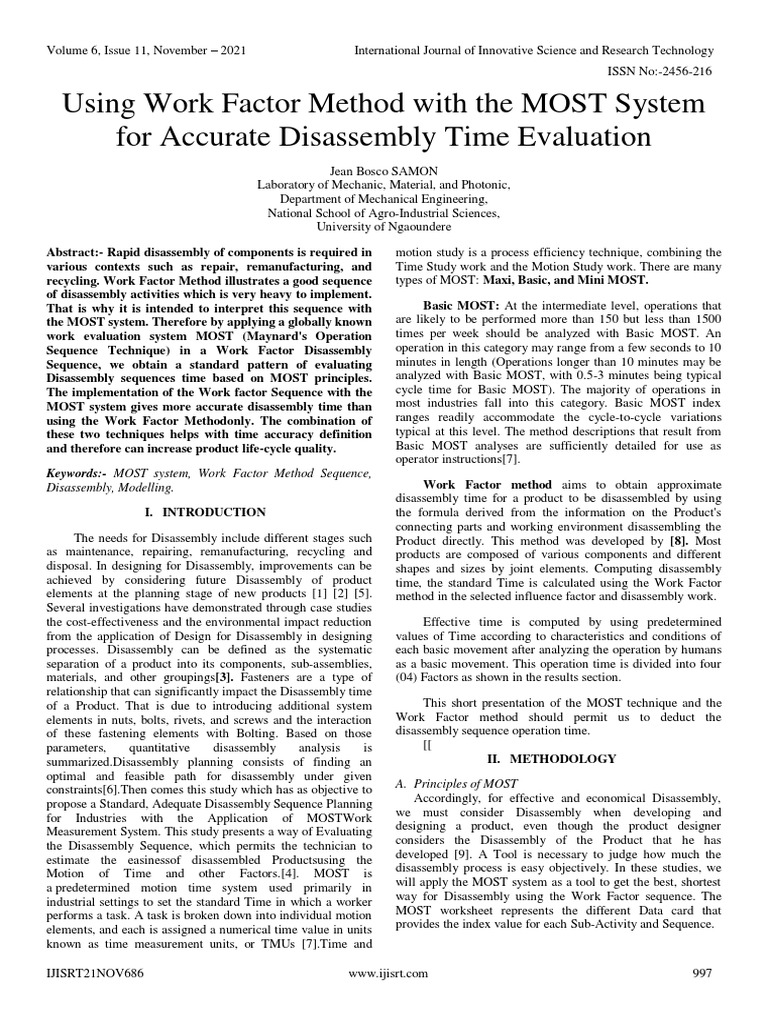 Using Work Factor Method With The MOST System For Accurate Disassembly Time Evaluation | PDF ...