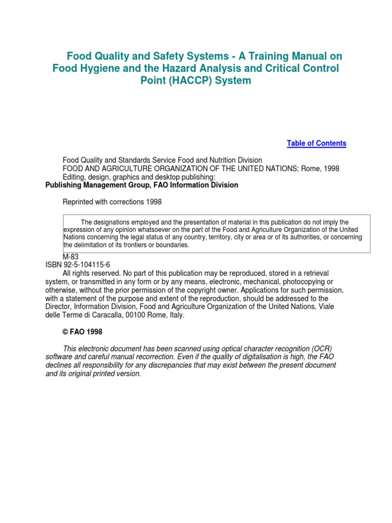 Food Quality and Safety Systems - A Training Manual On Food Hygiene and The Hazard Analysis and ...