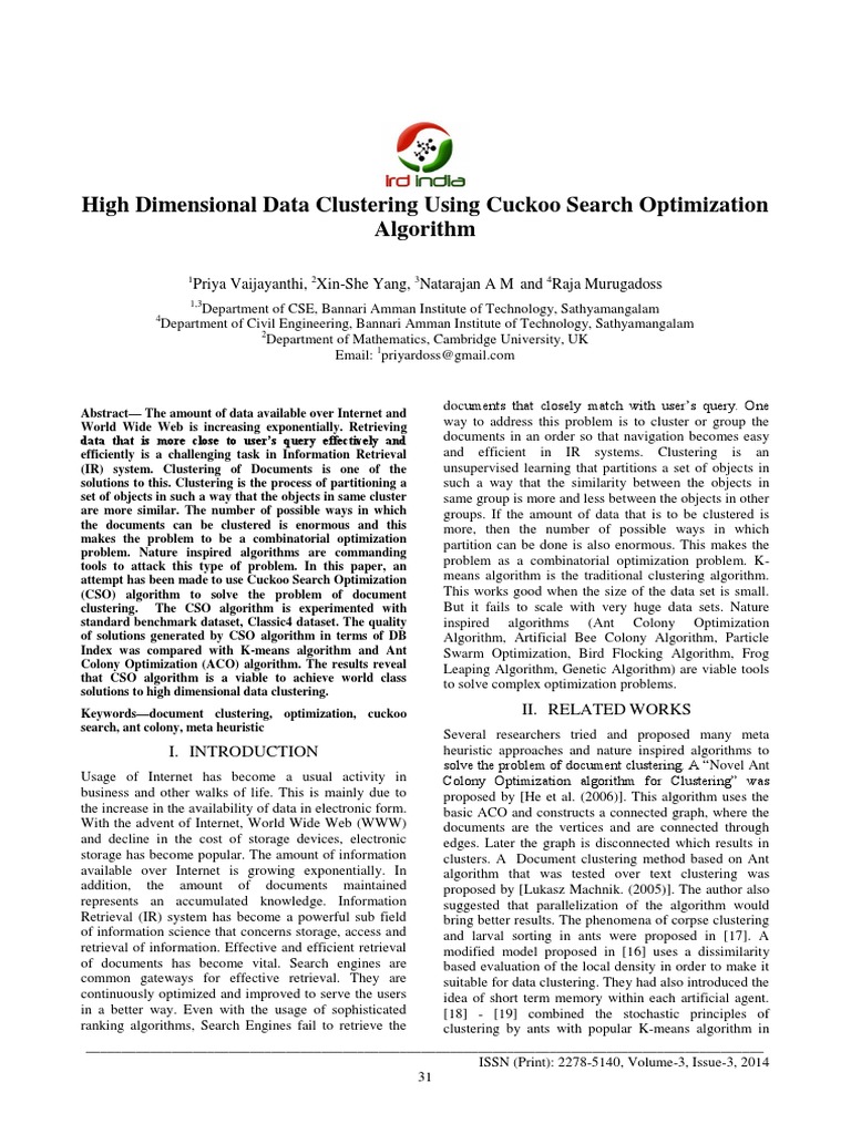 High Dimensional Data Clustering Using Cuckoo Search Optimization Algorithm Pdf Cluster