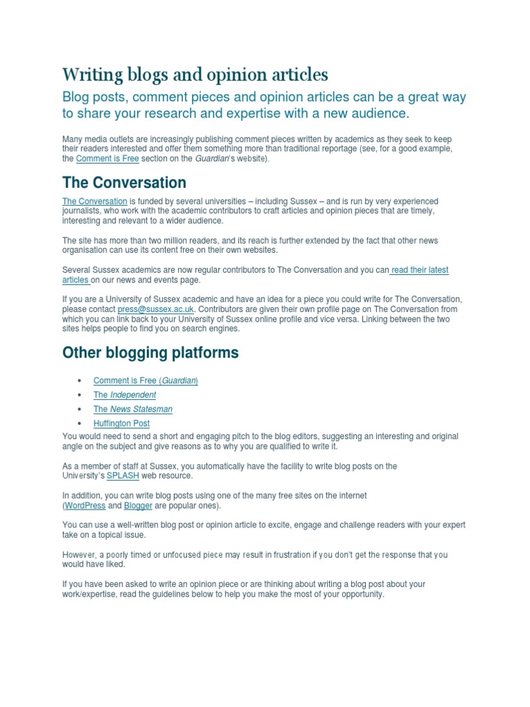 Writing Blogs and Opinion Articles - GUIDELINES | PDF | Blog | Mass Media