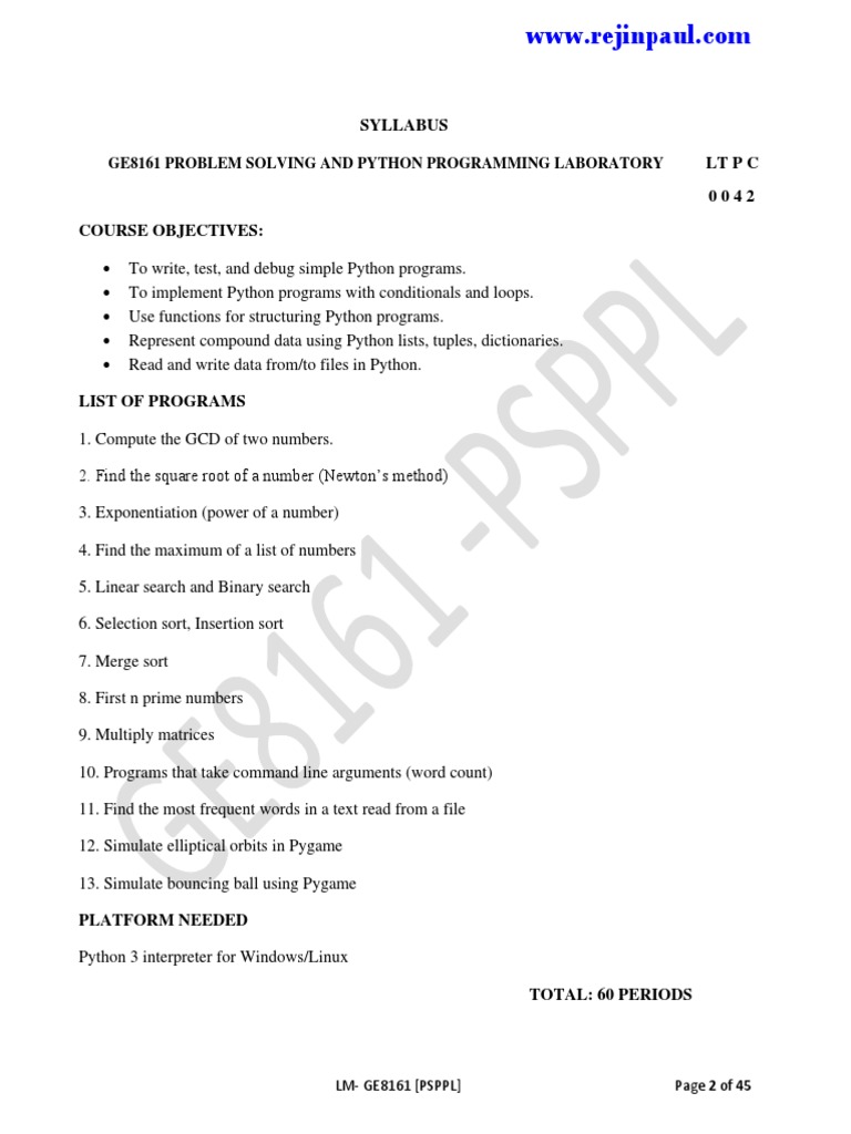 Ge8161 Problem Solving And Python Programming Lab Manual Pdf Computer Programming Matrix 5526
