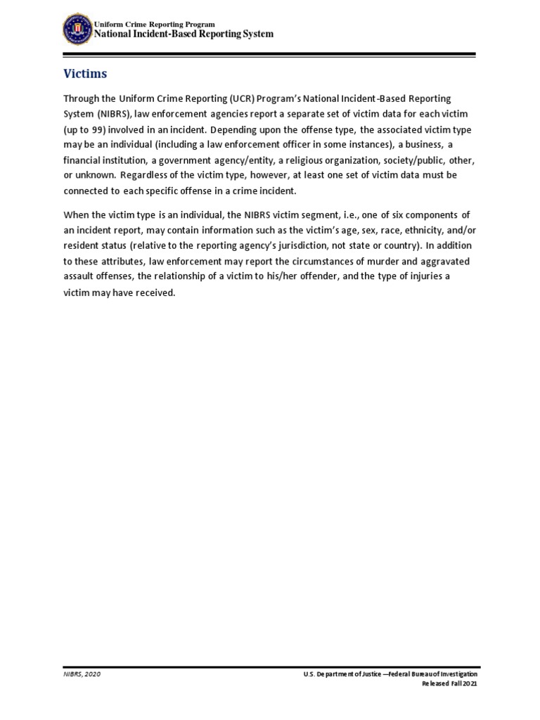 Victims: National Incident-Based Reporting System | PDF | Politics