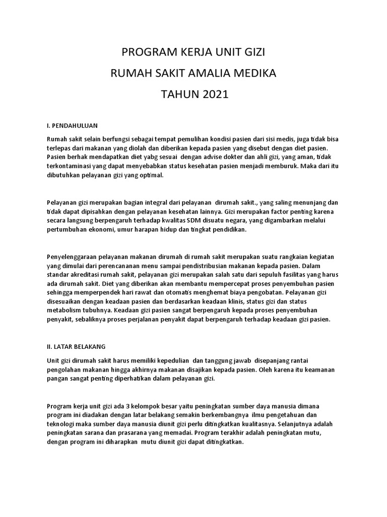 Program Kerja Unit Gizi Rumah Sakit Amalia Medika Tahun 2021 | PDF | Sains & Matematika