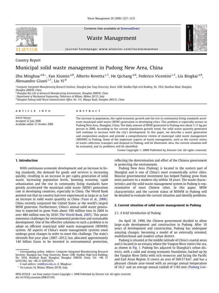 Municipal Solid Waste Management in Pudong New Area, China | PDF ...