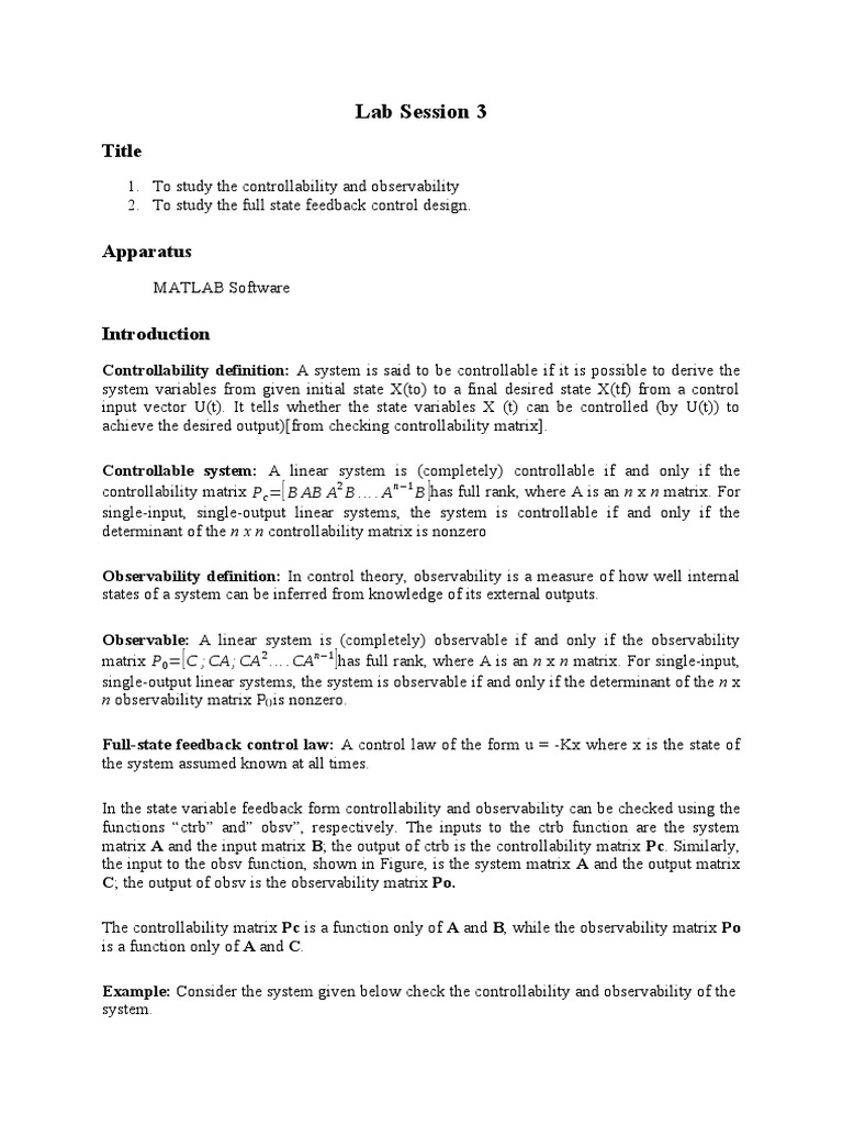 Lab 3 State Feedback Control Design | PDF | Control Theory | Theoretical Physics
