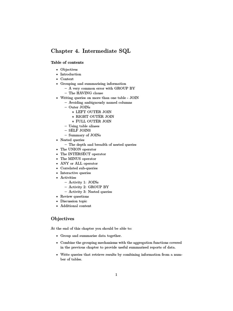 Chapter 4. Intermediate SQL: Objectives | PDF | Relational Model ...