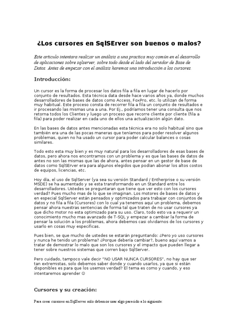 Los Cursores en SQL Server Son Buenos o Malos | PDF | Servidor SQL de Microsoft | Bases de datos