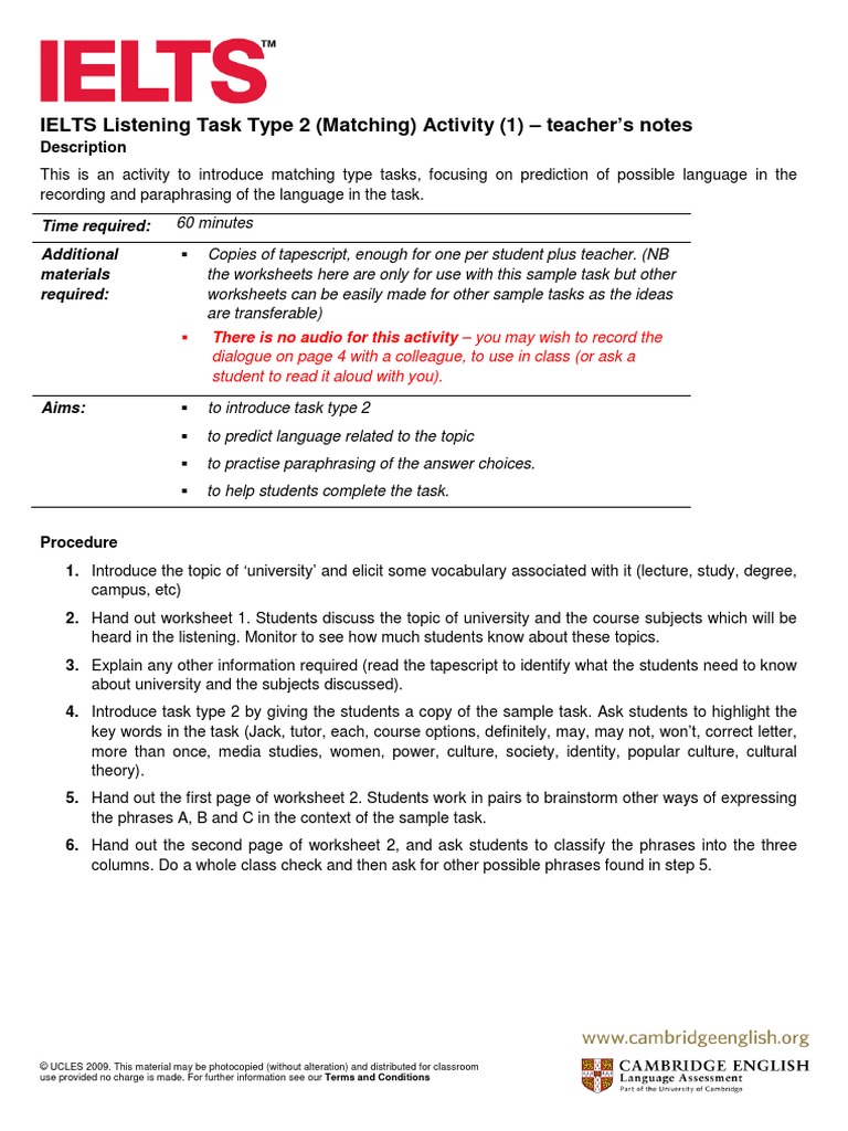 IELTS Listening Task Type 2 (Matching) Activity (1) - Teacher's Notes ...