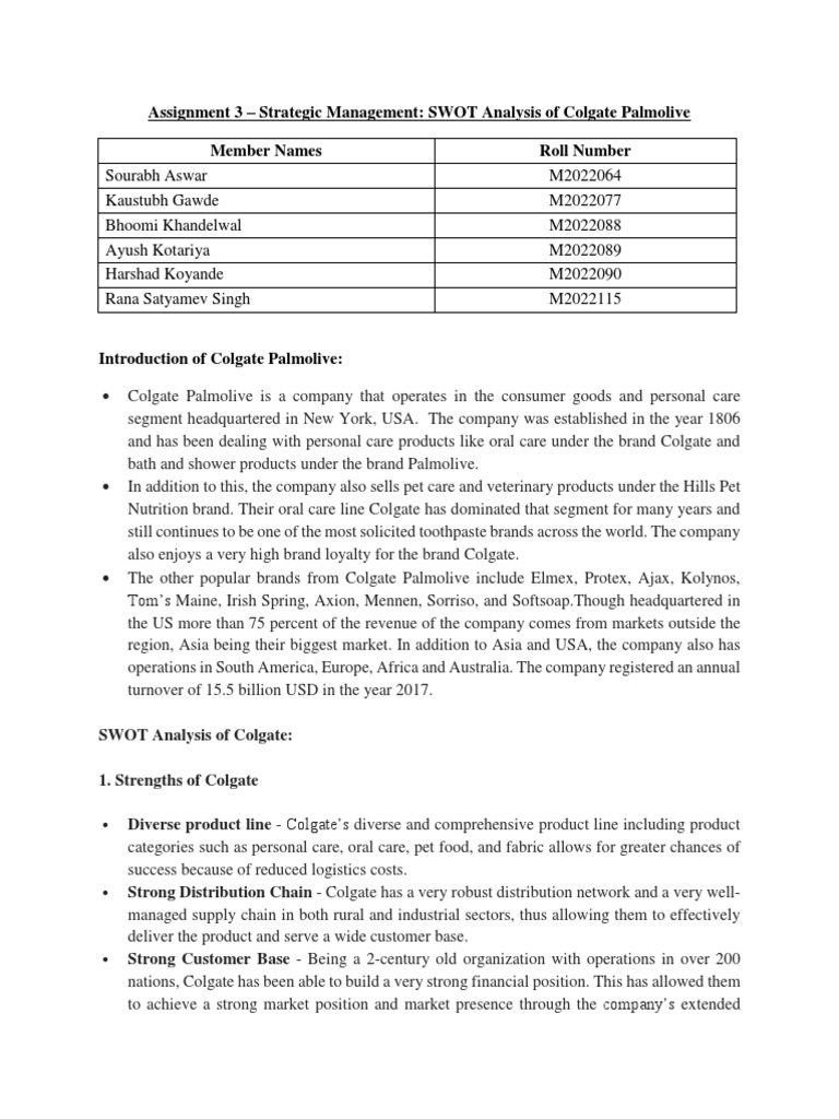 SWOT Analysis of Colgate Palmolive | PDF | Market (Economics) | Supply ...