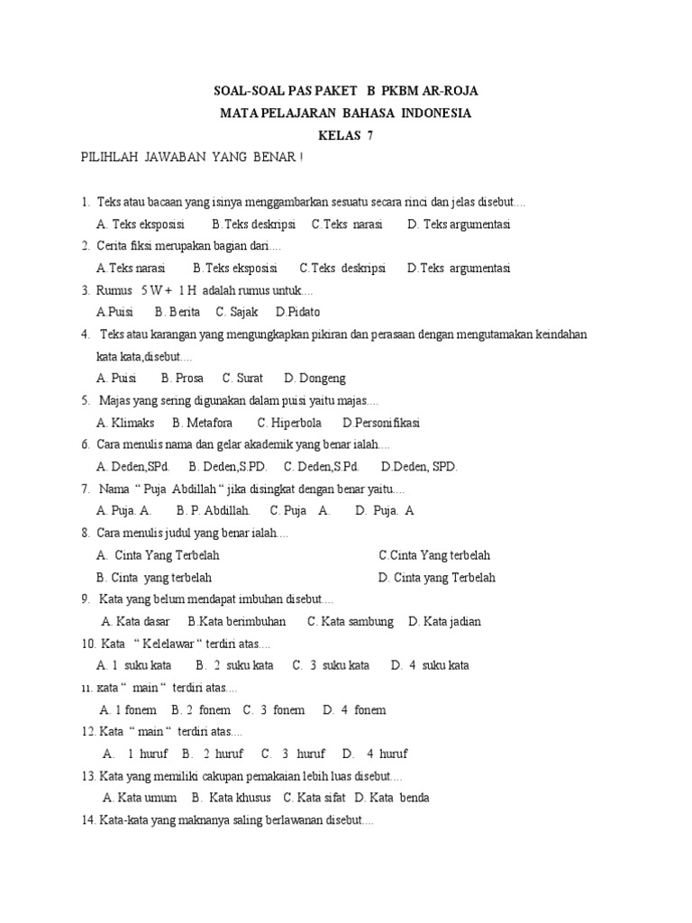 Soal Pas B.indonesia PKBM Kelas 7 | PDF
