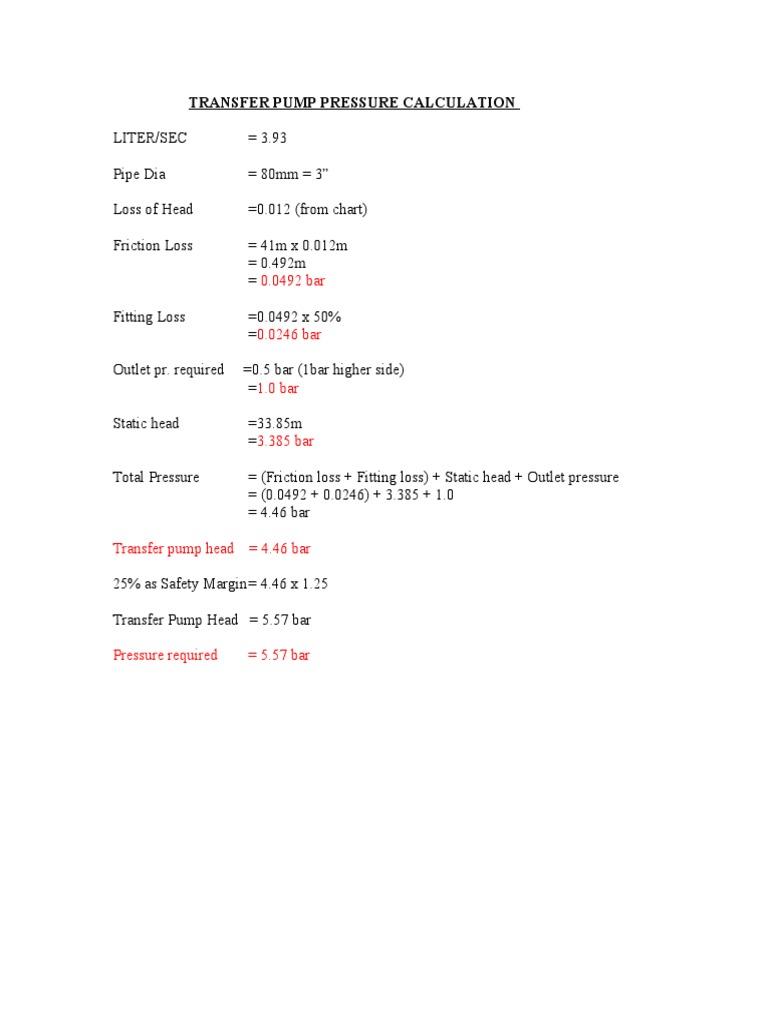 Transfer Pump Pressure Calculation | PDF