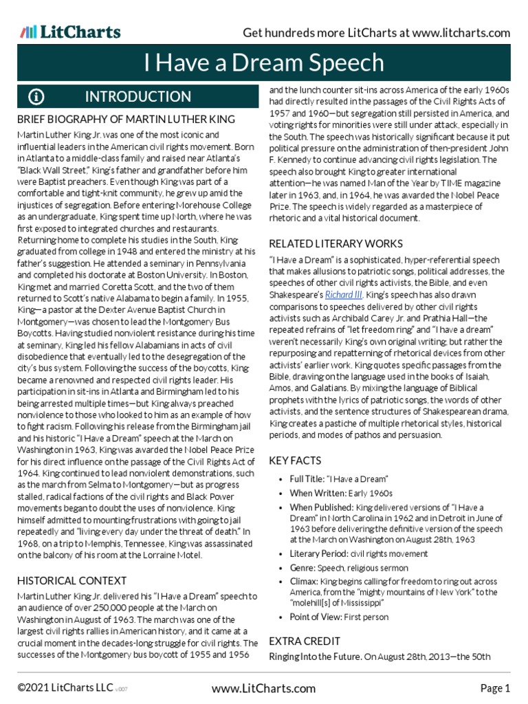 I Have A Dream Speech LitChart | PDF | March On Washington For Jobs And ...