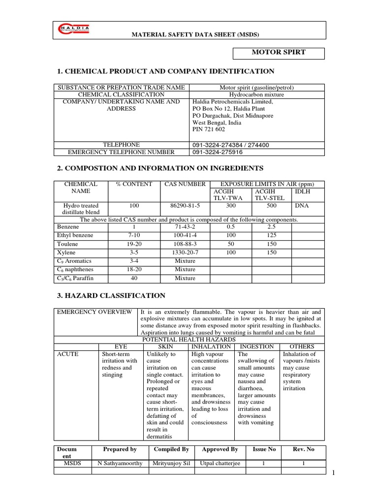 Motor Spirt: Material Safety Data Sheet (MSDS) | PDF | Benzene | Gasoline