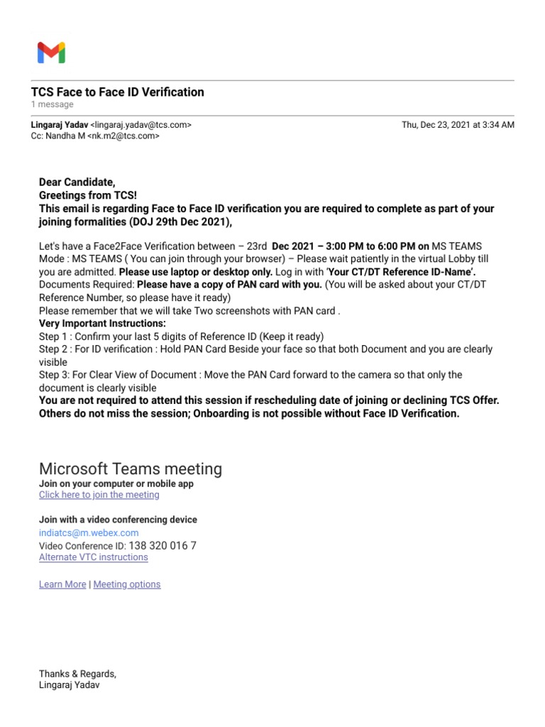 Gmail - TCS Face To Face ID Verification | PDF | Computing | Software