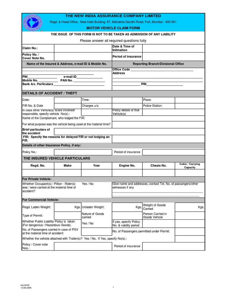 Claim Form 090307 Motor | PDF | Driver's License | Insurance