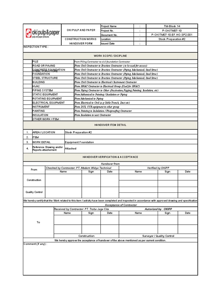 Handover Form Documenting the Transfer of Responsibilities for Concrete ...