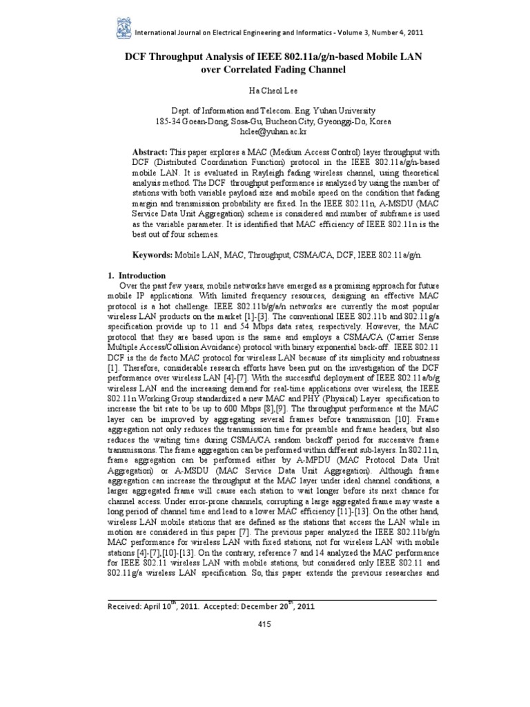 DCF Throughput Analysis of IEEE 802.11a:g:n-Based Mobile LAN Over Correlated Fading Channel ...