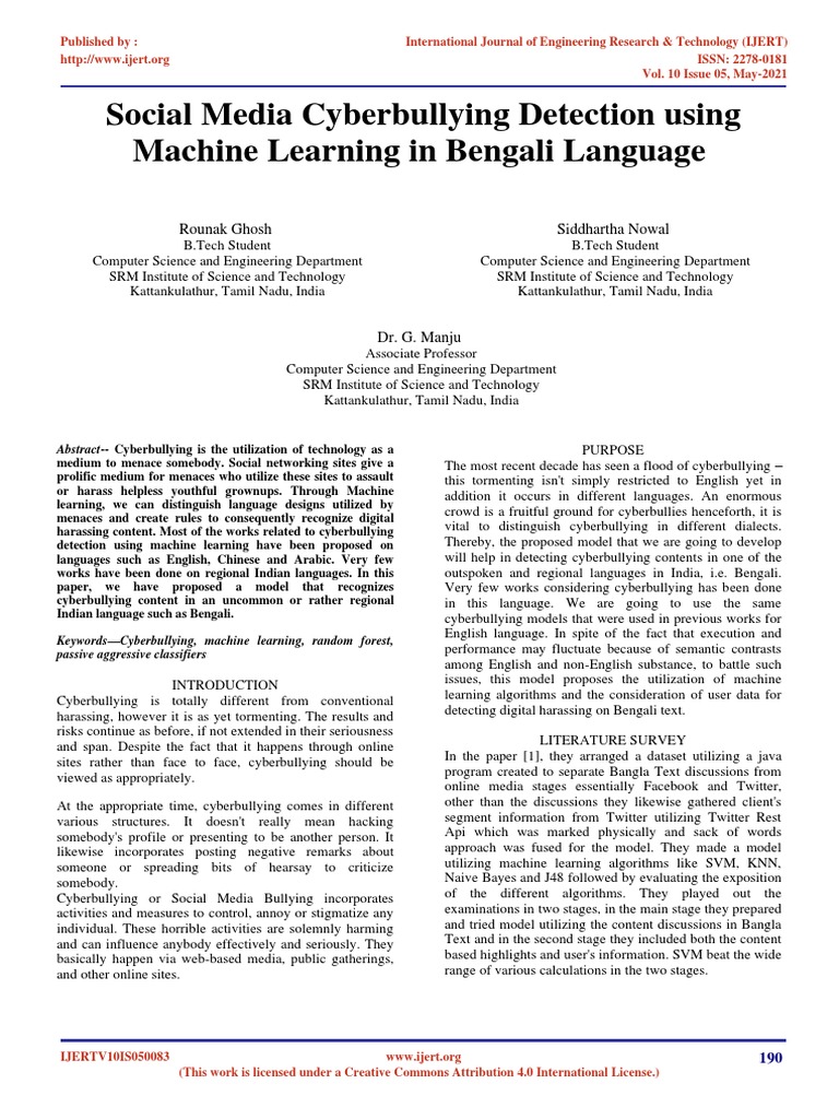 Machine Learning for Detection of Cyberbullying in Bengali Language ...