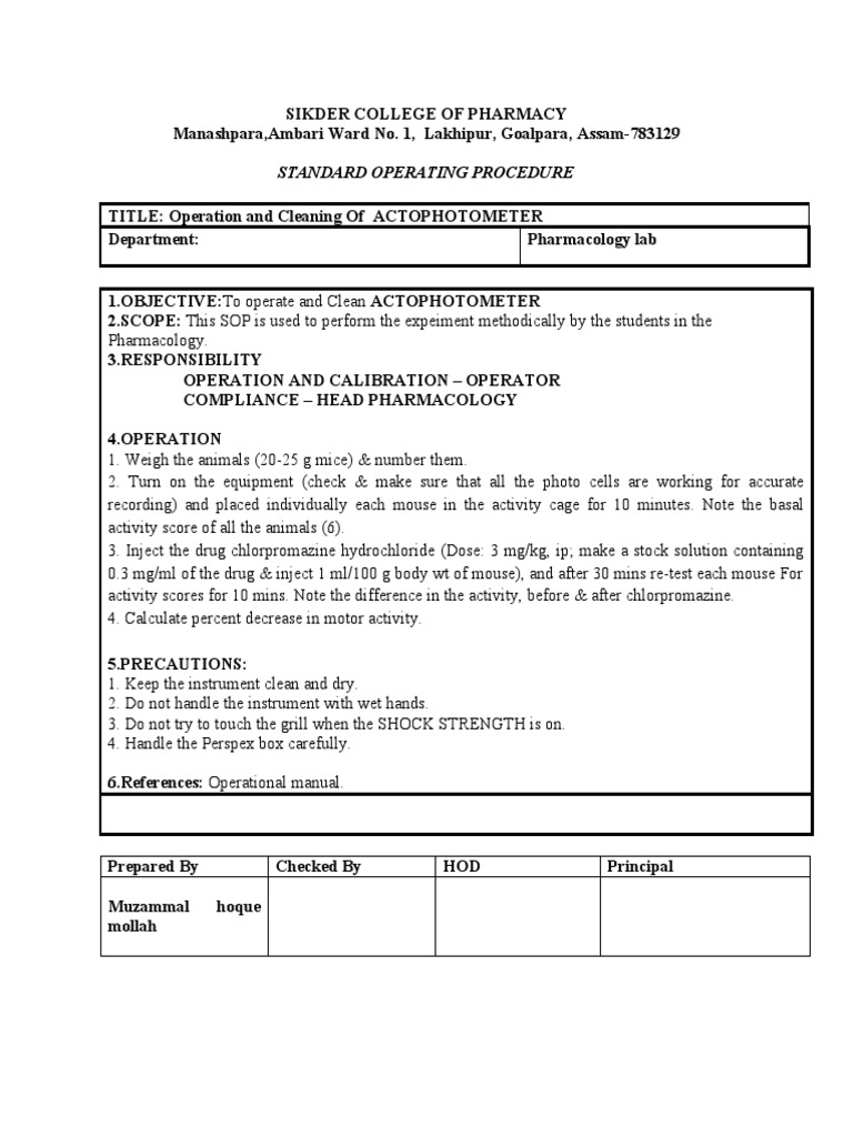 Actophotometer SOP for Pharmacology | PDF