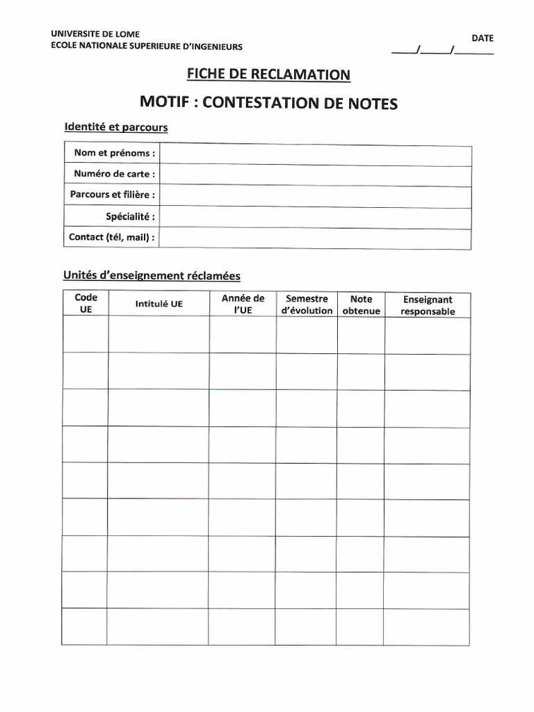 Fiche de Reclamation - Contestation de Notes | PDF