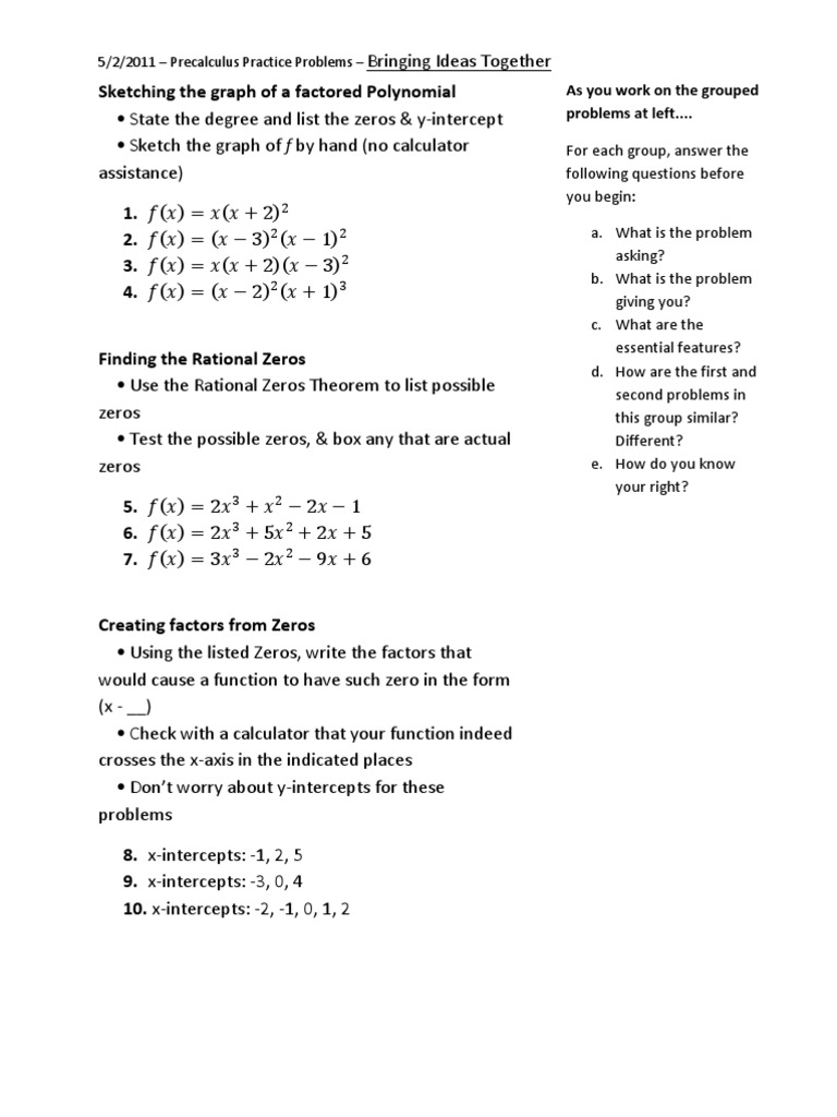 5/2/2011 - Precalculus Practice Problems - : As You Work On The Grouped ...