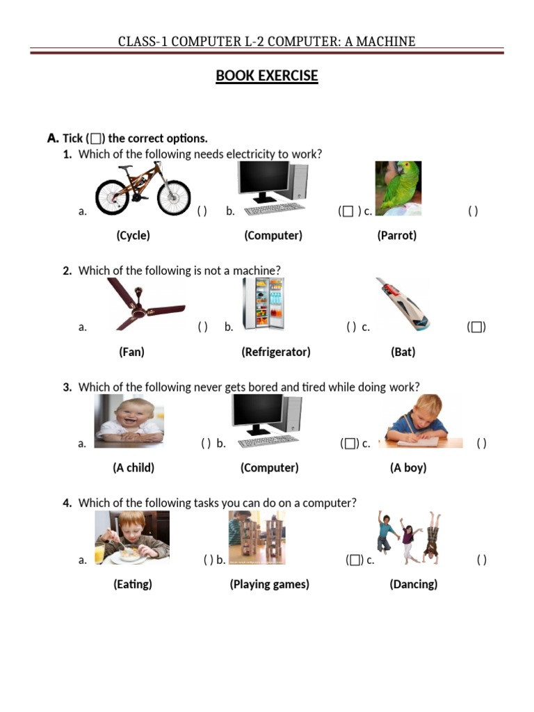 Book Exercise: Class-1 Computer L-2 Computer: A Machine | PDF ...