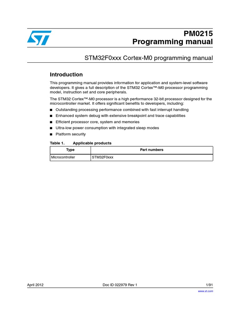 Stm32f0xxx Cortexm0 Programming Manual Stmicroelectronics Pdf Central Processing Unit Arm