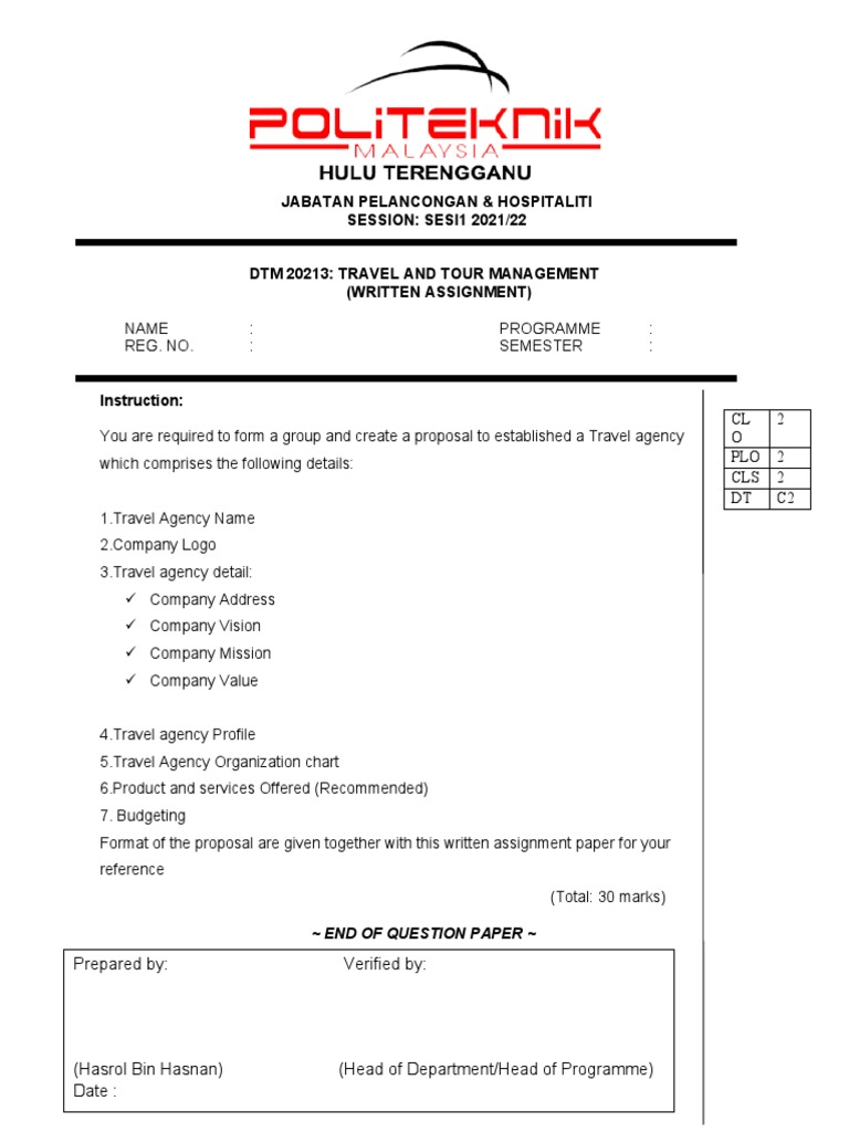 Written Assignment DTM 20213 Travel and Tour Management Sesi 1 2021 ...