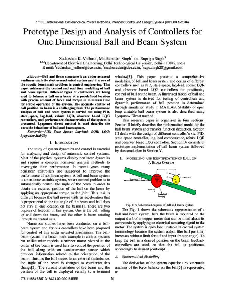 Prototype Design and Analysis of Controllers For One Dimensional Ball ...
